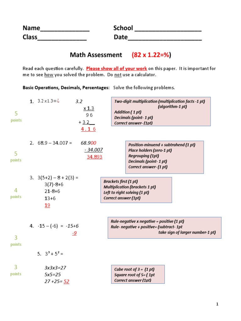 Math Assessment Answer Sheet | PDF | Fraction (Mathematics ...