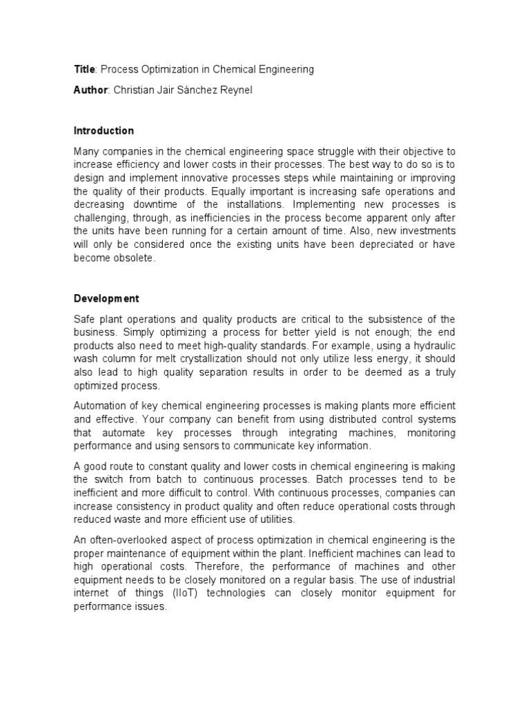Title: Process Optimization in Chemical Engineering Author: Christian ...