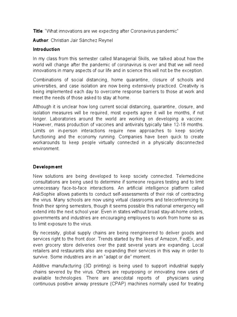 Innovations Post-Coronavirus Pandemic | PDF | Wellness | Medical