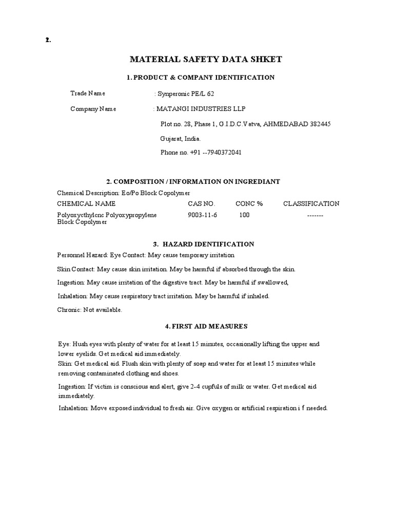 Material Safety Data Sheet for Synperonic PE/L 62 | PDF | Dangerous ...