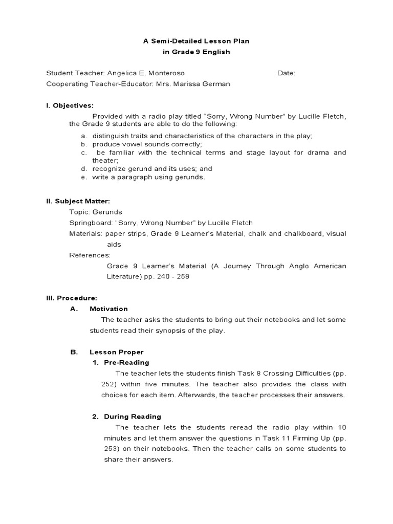 A Semi-Detailed Lesson Plan in Grade 9 English | PDF | Play (Theatre ...