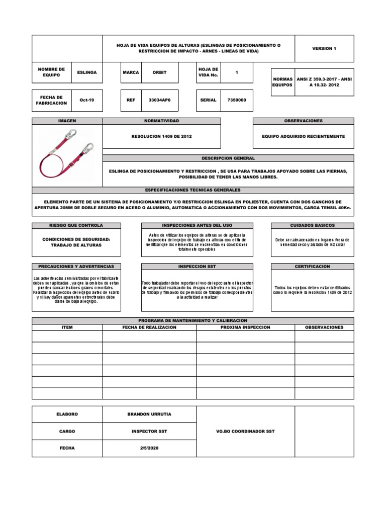 Hoja de Vida Eslinga Posicionamiento | PDF | Naturaleza