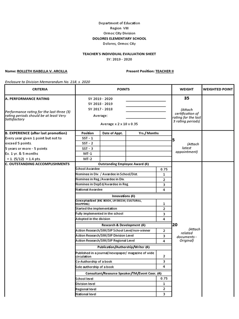 Individual Rating Sheet | PDF | Cognition