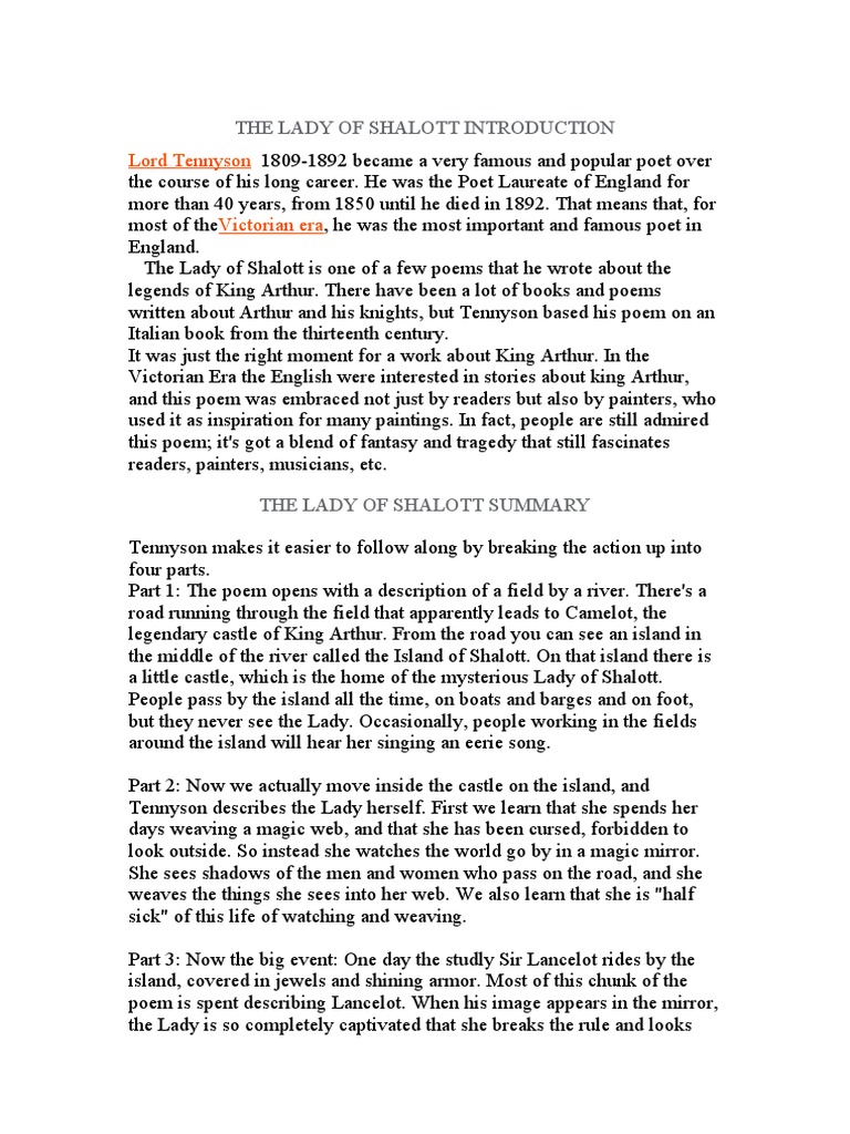 The Lady of Shalott Analysis | PDF