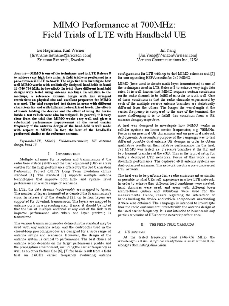 Mimo Performance at 700Mhz: Field Trials of Lte With Handheld Ue | PDF ...