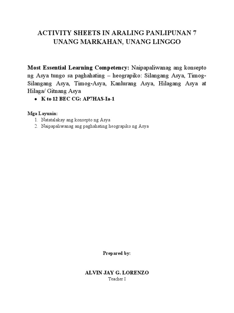 ACTIVITY SHEETS IN AP 7 Week 1 - 1st QI | PDF