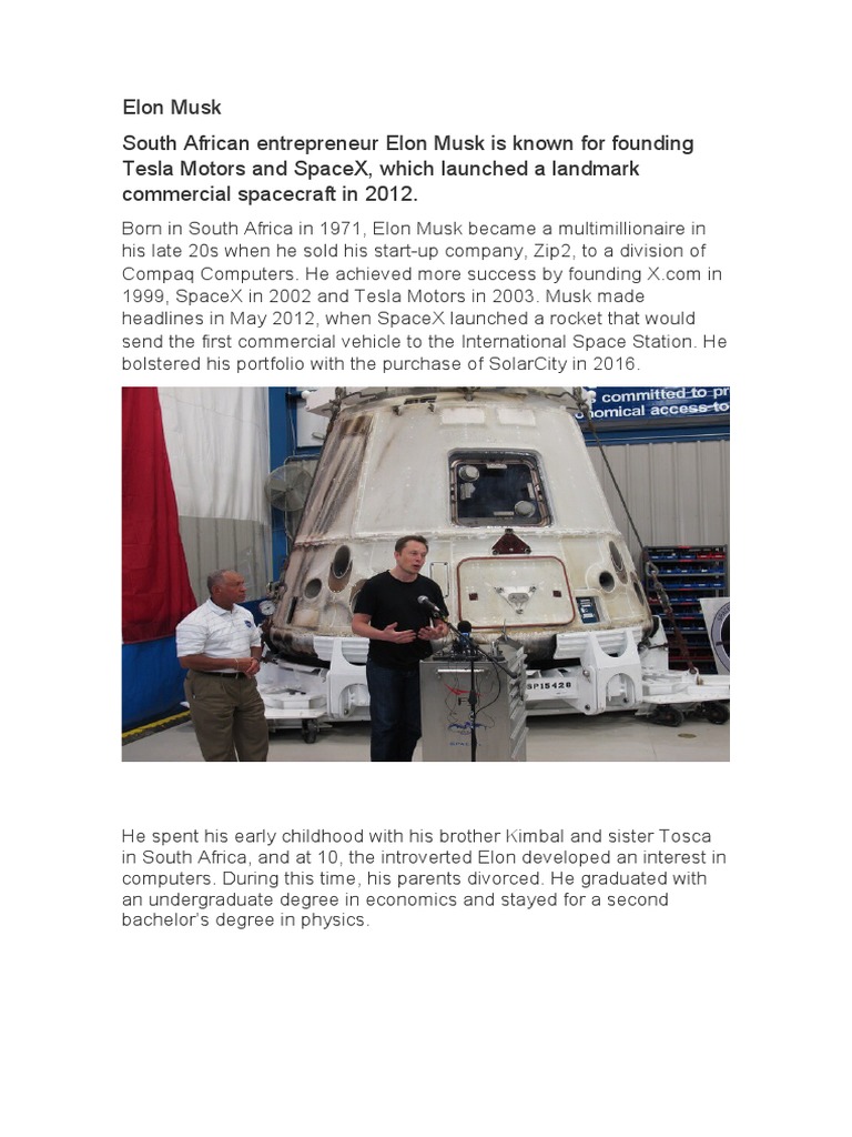 Elon Musk South African Entrepreneur Elon Musk Is Known For Founding ...