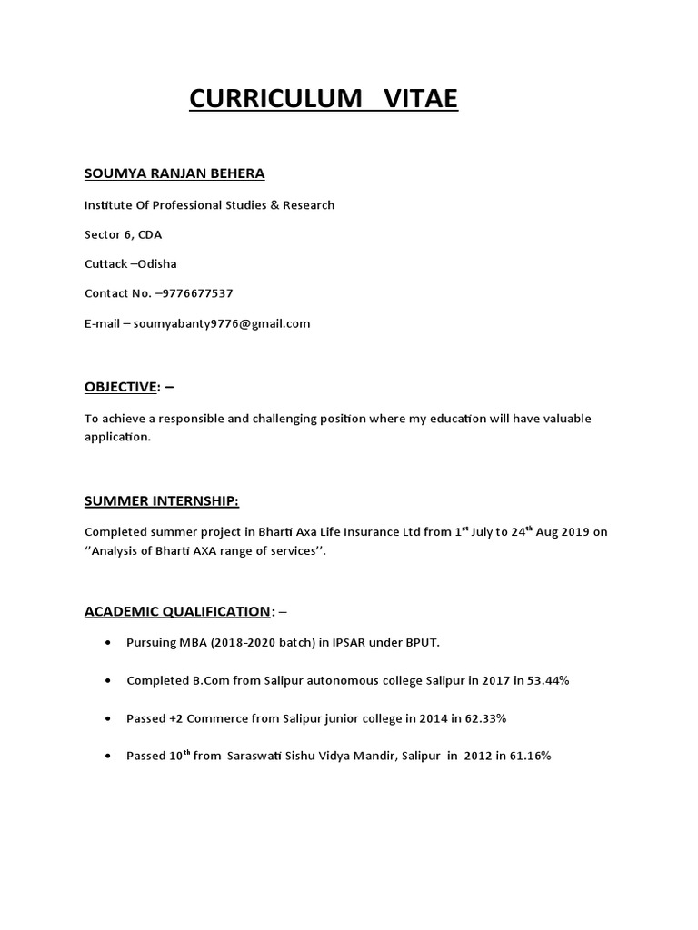 Curriculum Vitae: Soumya Ranjan Behera | PDF