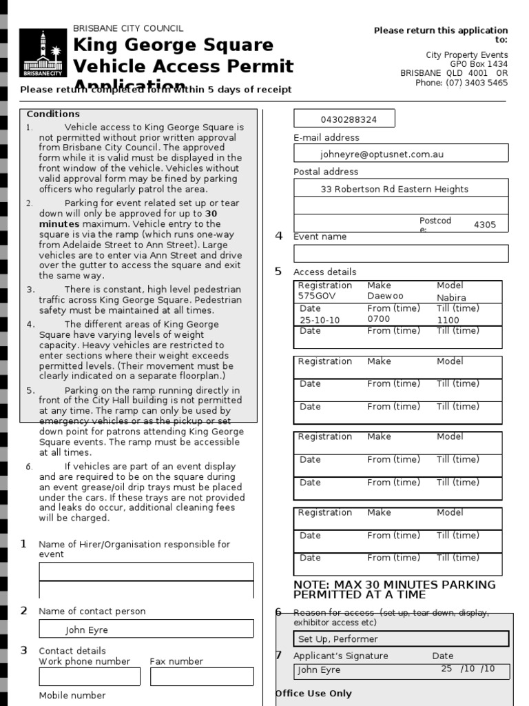 King George Square Vehicle Access Permit v2 | PDF | Land Transport ...