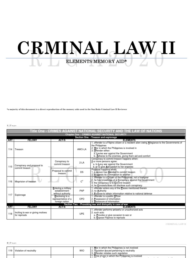 Criminal Law 2 - Elements Memory Aid - RLG | PDF | Forgery | Treason