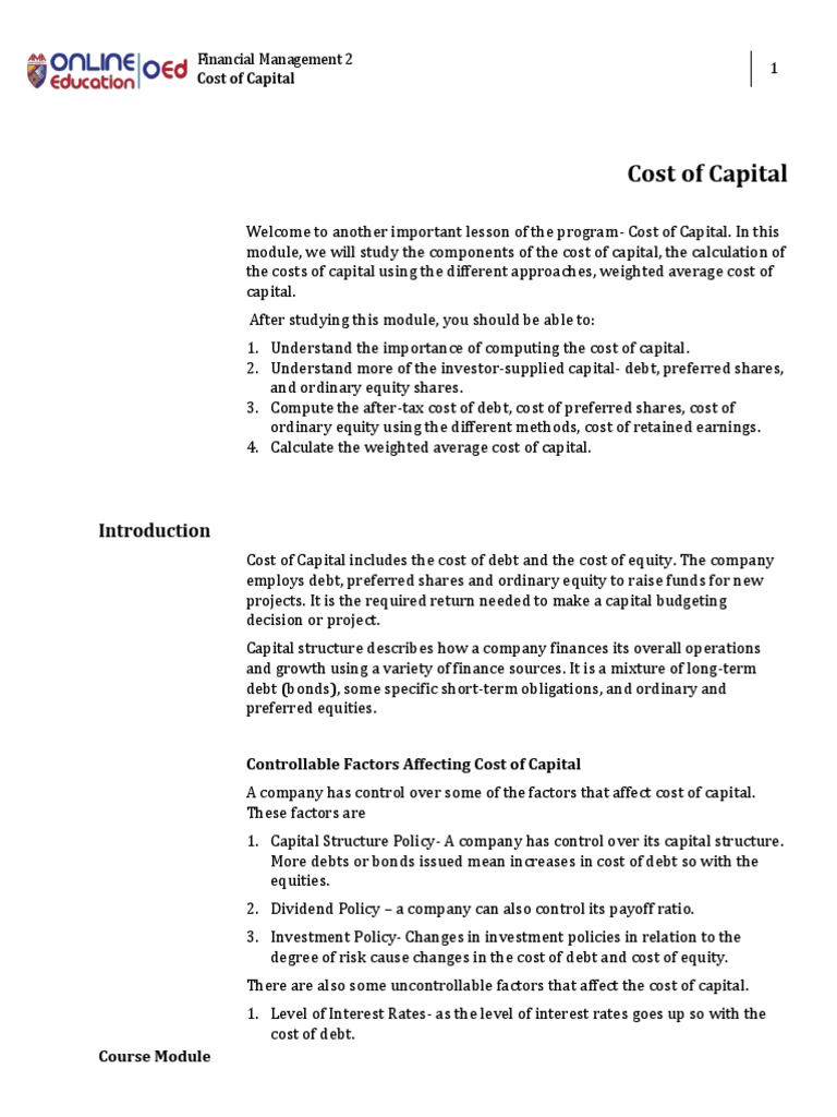 Calculating the Components of a Company's Cost of Capital | PDF | Cost ...