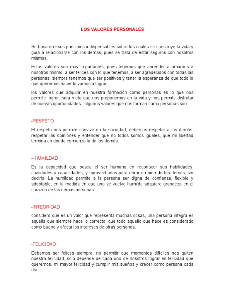 Valores Personales | PDF | Relaciones personales, crianza y desarrollo ...