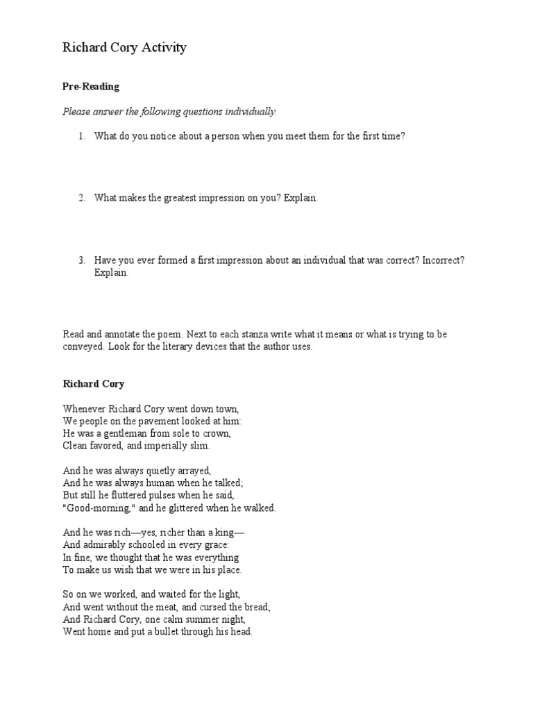 Richard Cory Activity: Please Answer The Following Questions ...