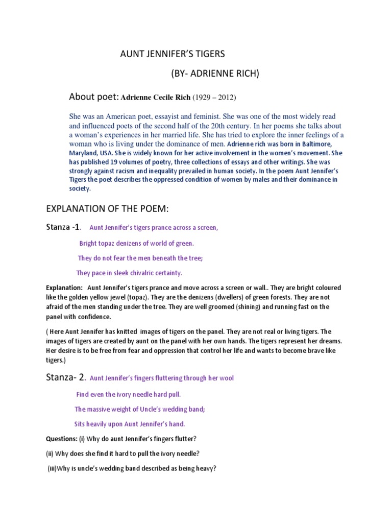 Aunt Jennifer'S Tigers (By Adrienne Rich) About Poet | PDF