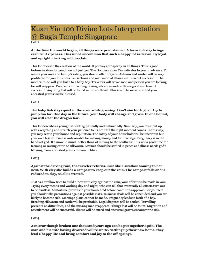 Kuan Yin 100 Divine Lots Interpretation PDF | PDF | Nature