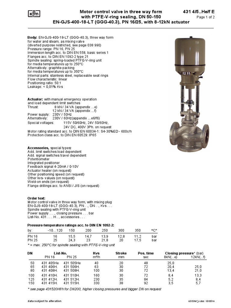 Motor Control Valve in Three Way Form 431 4/5..he/f E With PTFE-V-ring ...