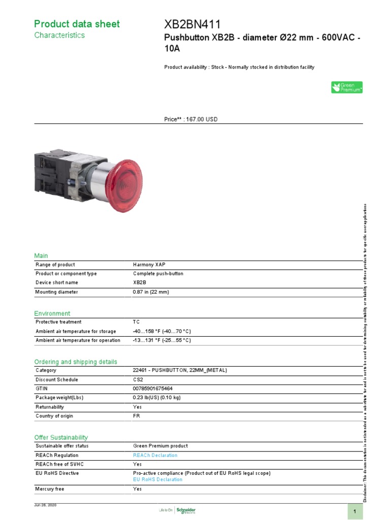 XB2BN411: Product Data Sheet | PDF