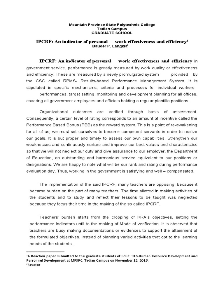 IPCRF: An Indicator of Personal Work Effectiveness and Efficiency | PDF | Performance Appraisal ...