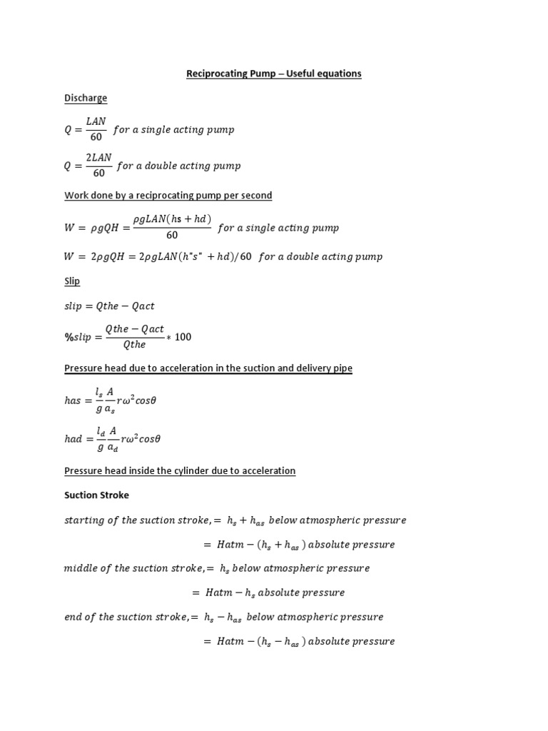Reciprocating Pump - Useful Equations | PDF | Pump | Fluid Dynamics