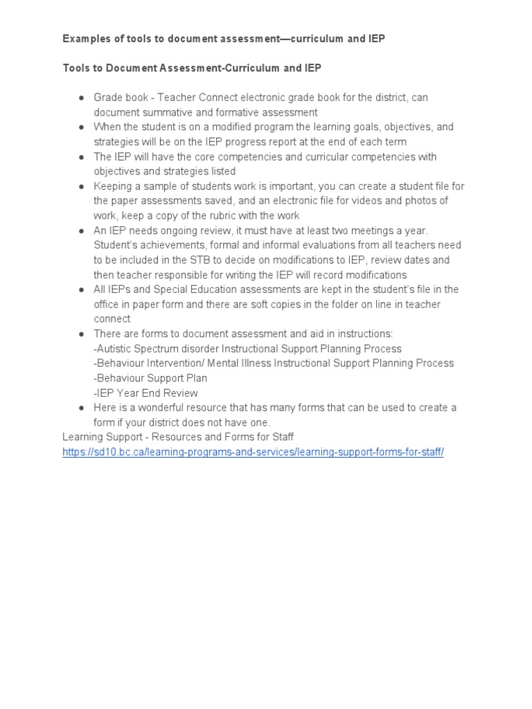 Examples of Tools To Document Assessment-Curriculum and IEP Tools To ...