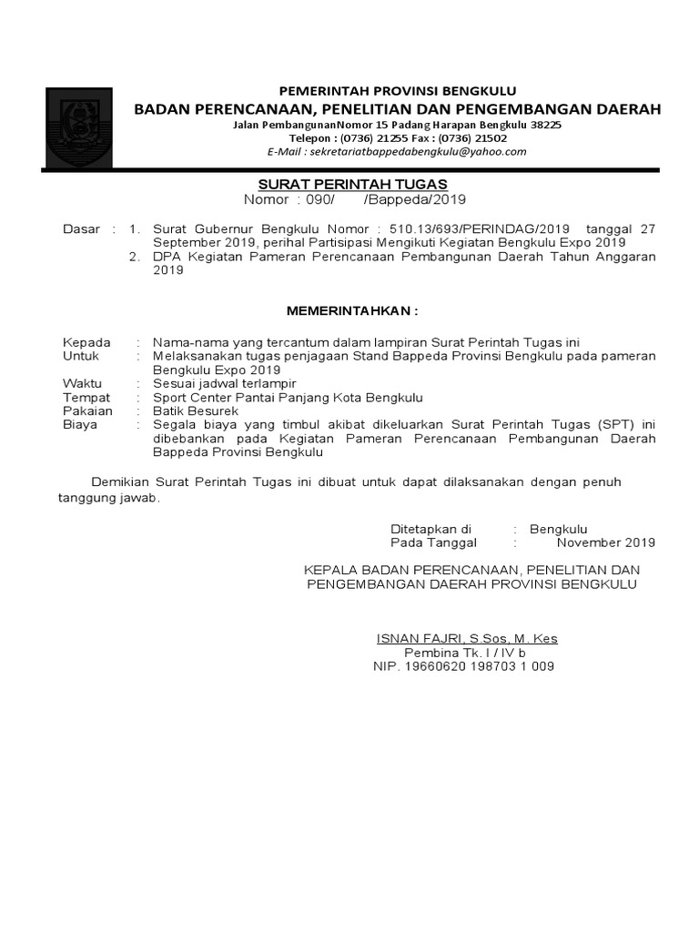 Surat Perintah Tugas Bappeda Bengkulu | PDF