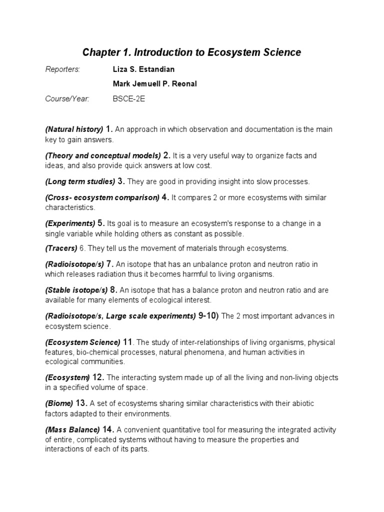 Chapter 1. Introduction To Ecosystem Science: Reporters | PDF