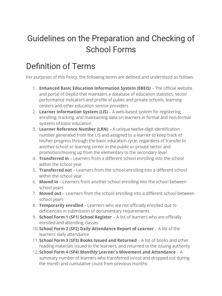Guidelines for School Forms Preparation | PDF | Schools | Kindergarten