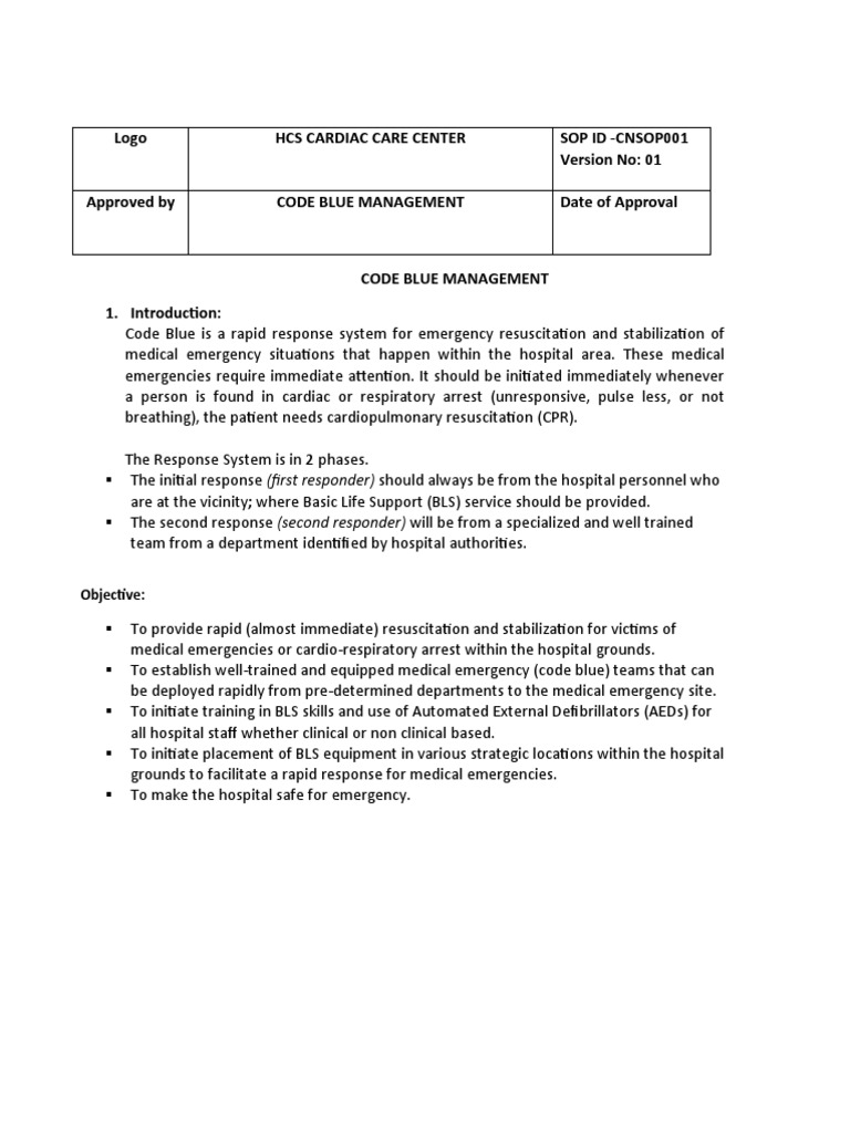 Code Blue Management SOP | PDF | Cardiopulmonary Resuscitation ...
