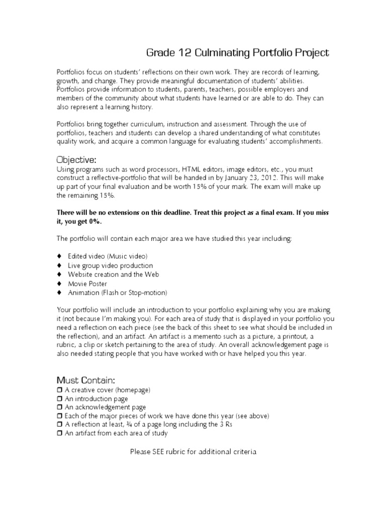 Grade 12 Culminating Portfolio Project: Objective | PDF | Rubric ...