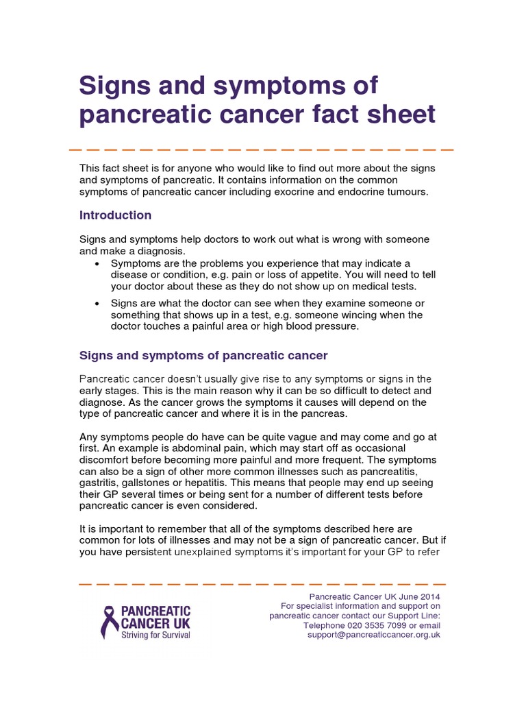 Signs and Symptoms of Pancreatic Cancer Fact Sheet Dec 2014 | PDF ...