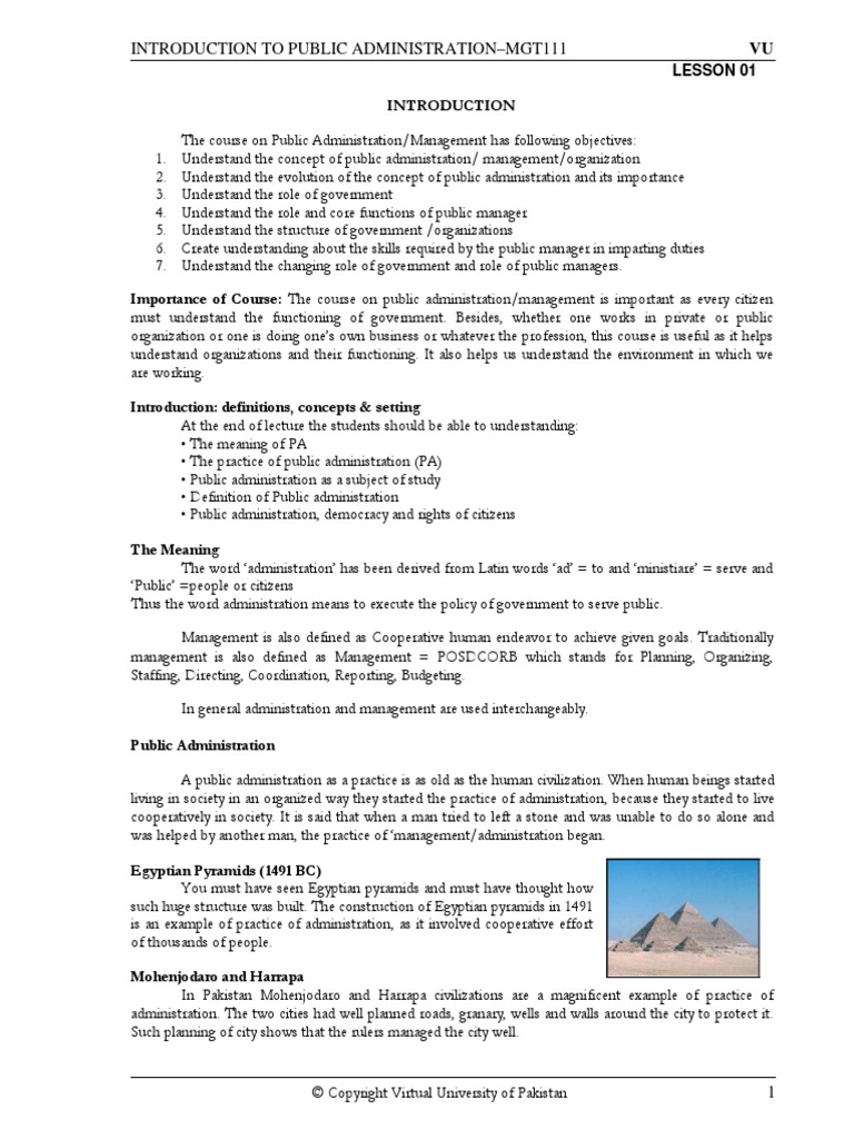 Introduction To Public Administration-Mgt111: Lesson 01 | PDF | Public ...