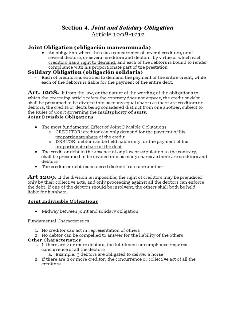 Section 4. Joint and Solidary Obligation: Article 1208-1212 | PDF ...