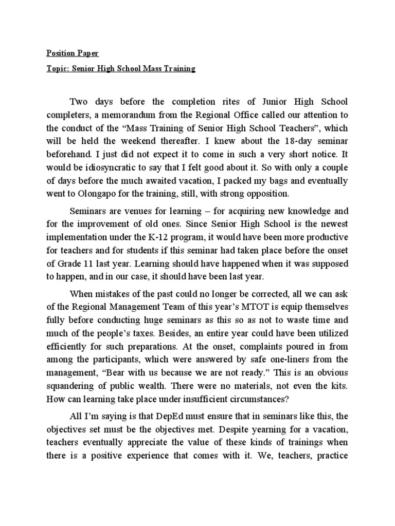 Position Paper Topic: Senior High School Mass Training | PDF