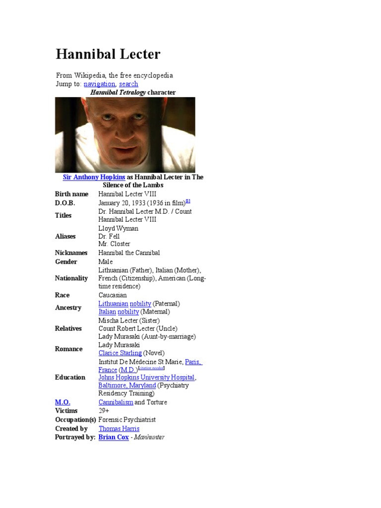 Hannibal Lecter: From Wikipedia, The Free Encyclopedia Jump To | PDF ...