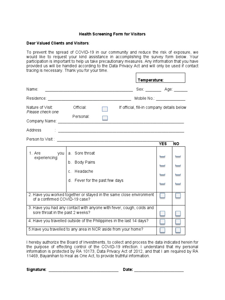 Annex B - Health Screening Form For Visitors | PDF