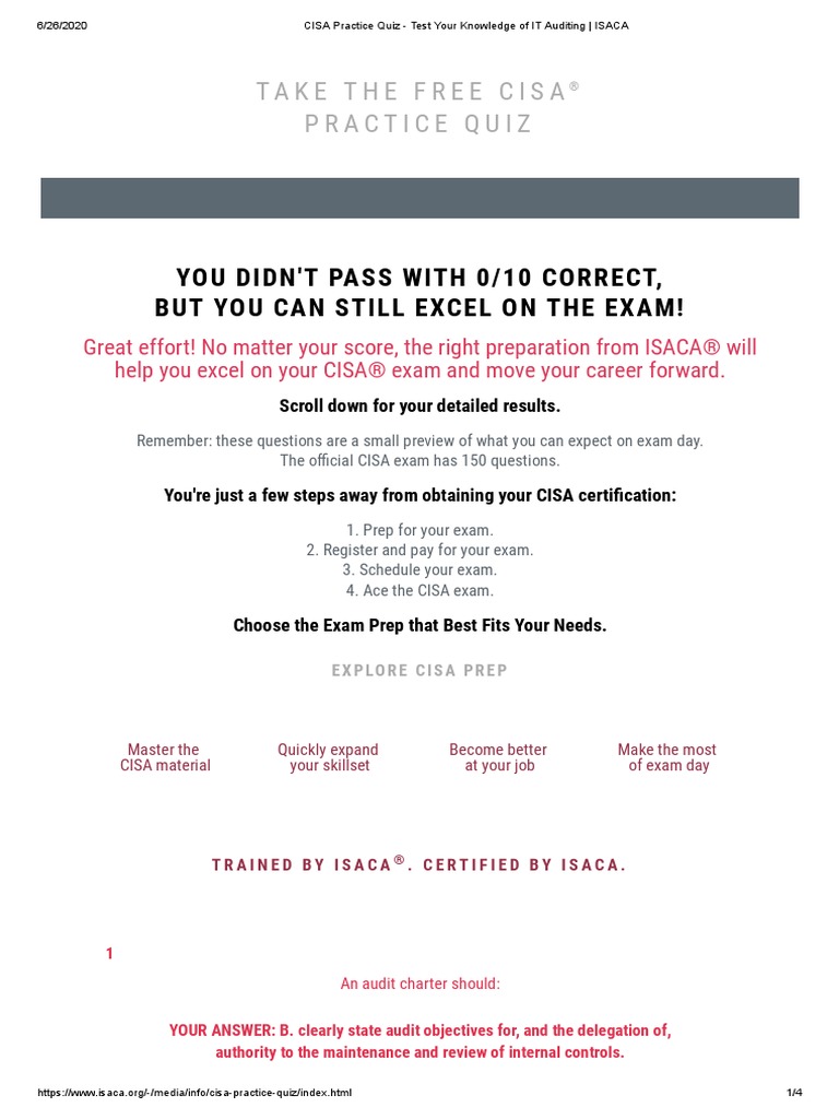 CISA Practice Quiz - Test Your Knowledge of IT Auditing - ISACA | PDF ...