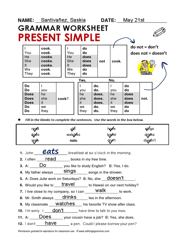 Present Simple: Grammar Worksheet | PDF