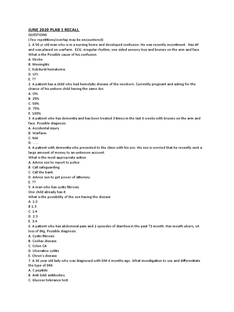 June 2020 Plab 1 Recall | PDF | Shock (Circulatory) | Hypertension