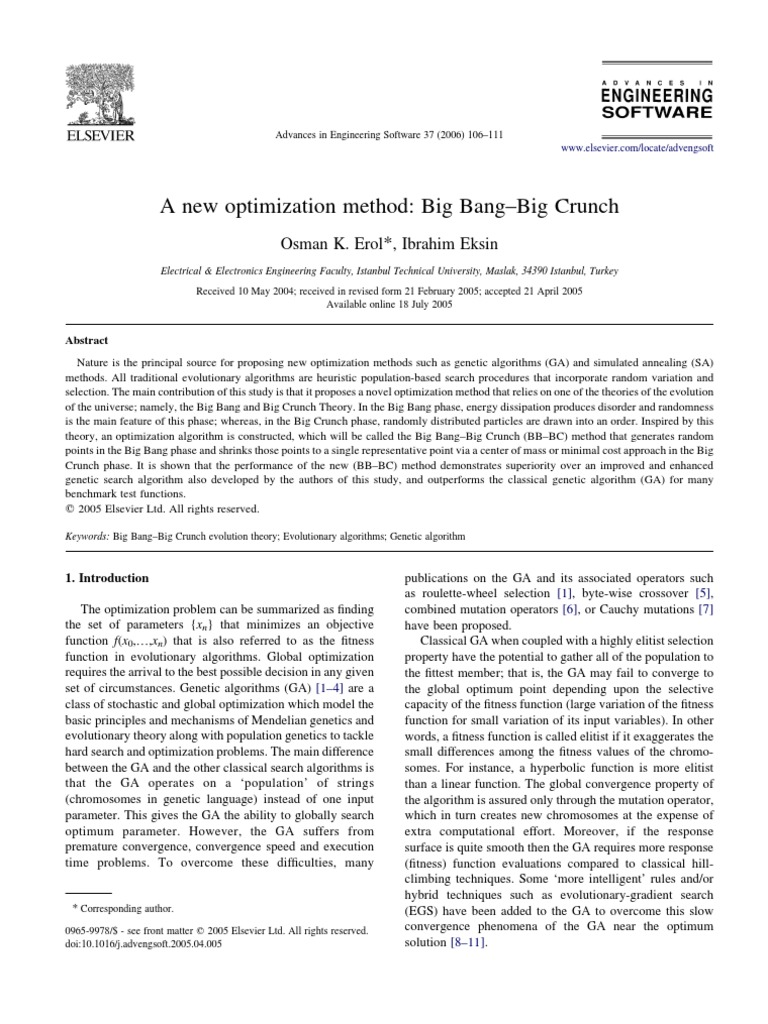 A New Optimization Method: Big Bang-Big Crunch | PDF | Genetic Algorithm | Mathematical Optimization
