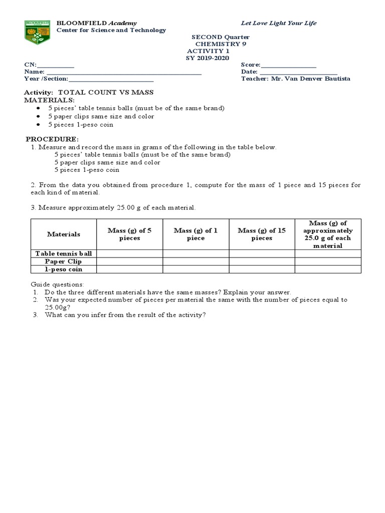 Activity 9 Total Count VS Mass | PDF | Teaching Methods & Materials