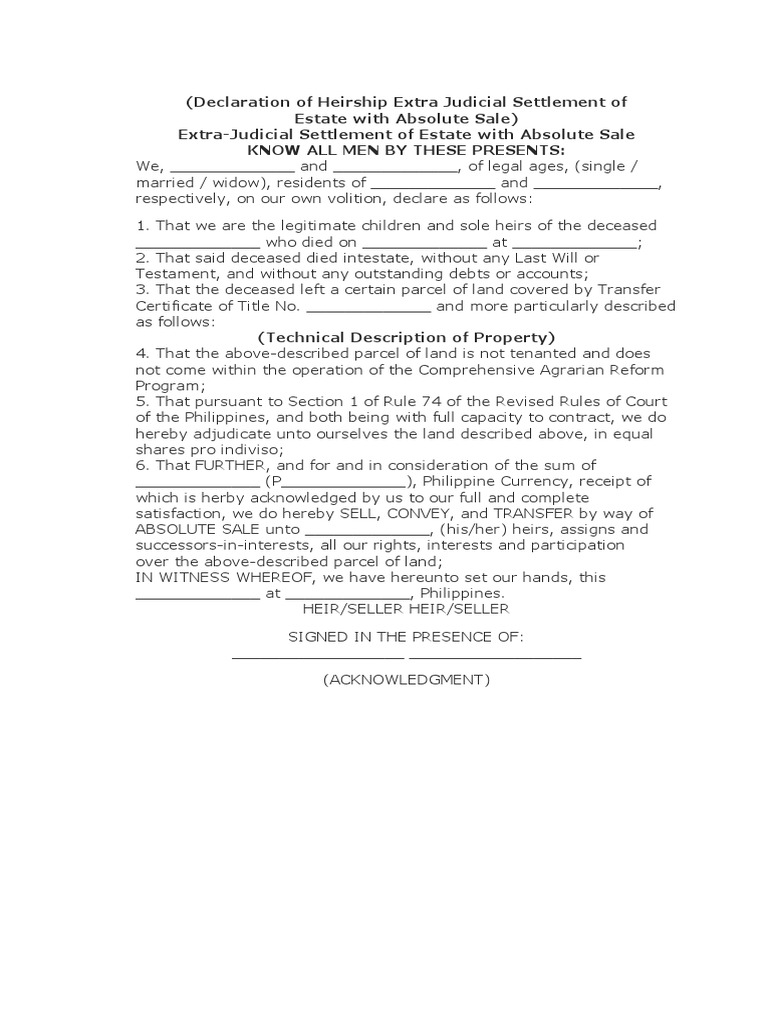 Declaration of Heirship Extra Judicial Settlement of Estate With ... Declaration of Heirship Extra Judicial Settlement of Estate With ...