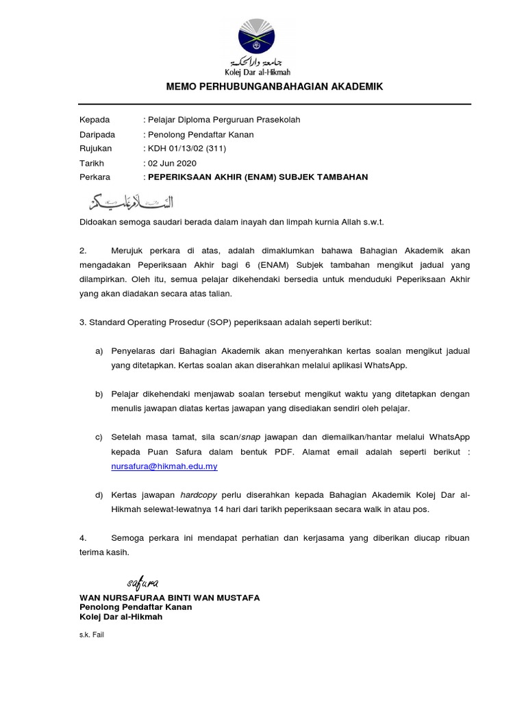 Memo SOP Peperiksaan PDF | PDF