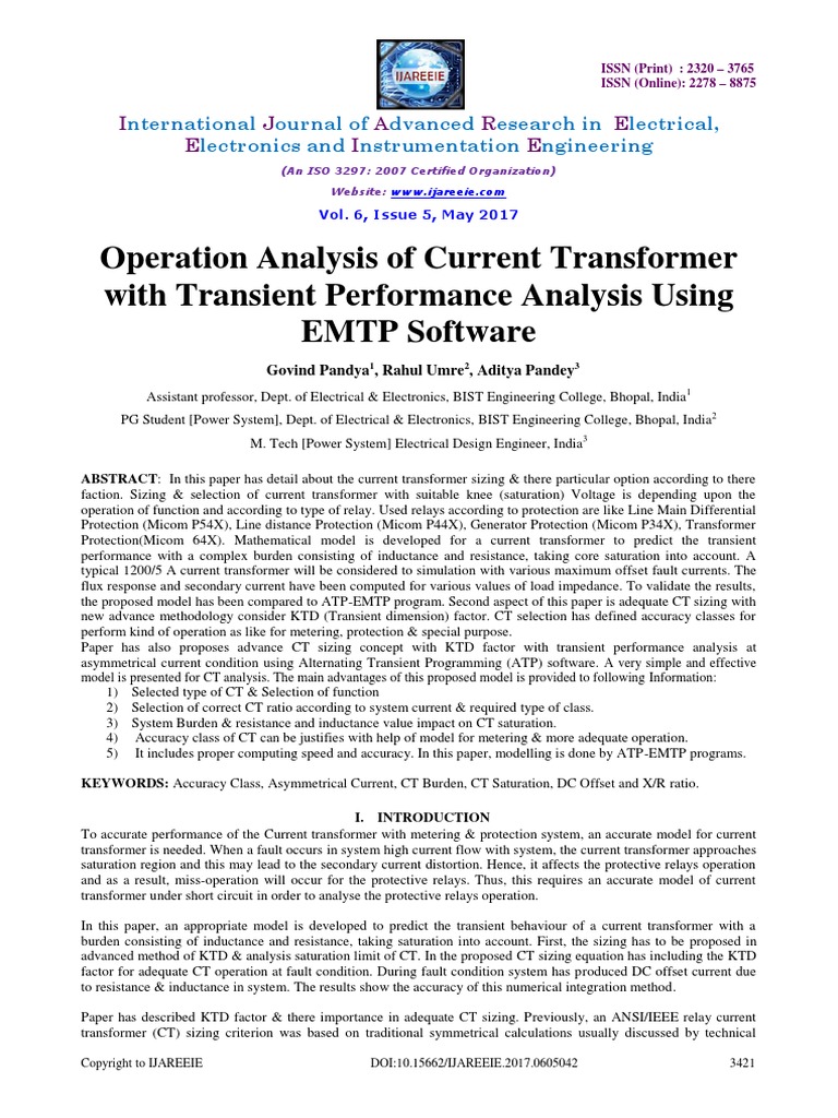 Operation Analysis of Current Transformer With Transient Performance Analysis Using EMTP ...