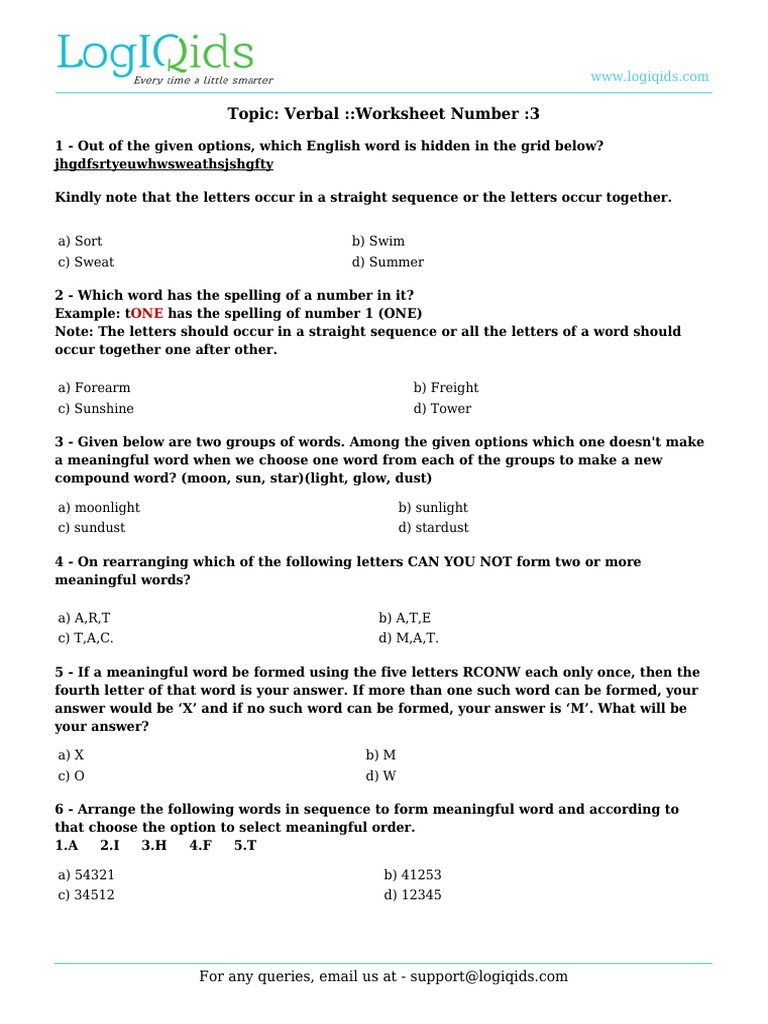 Verbal Reasoning Practice Worksheet: Finding Hidden Words, Identifying ...