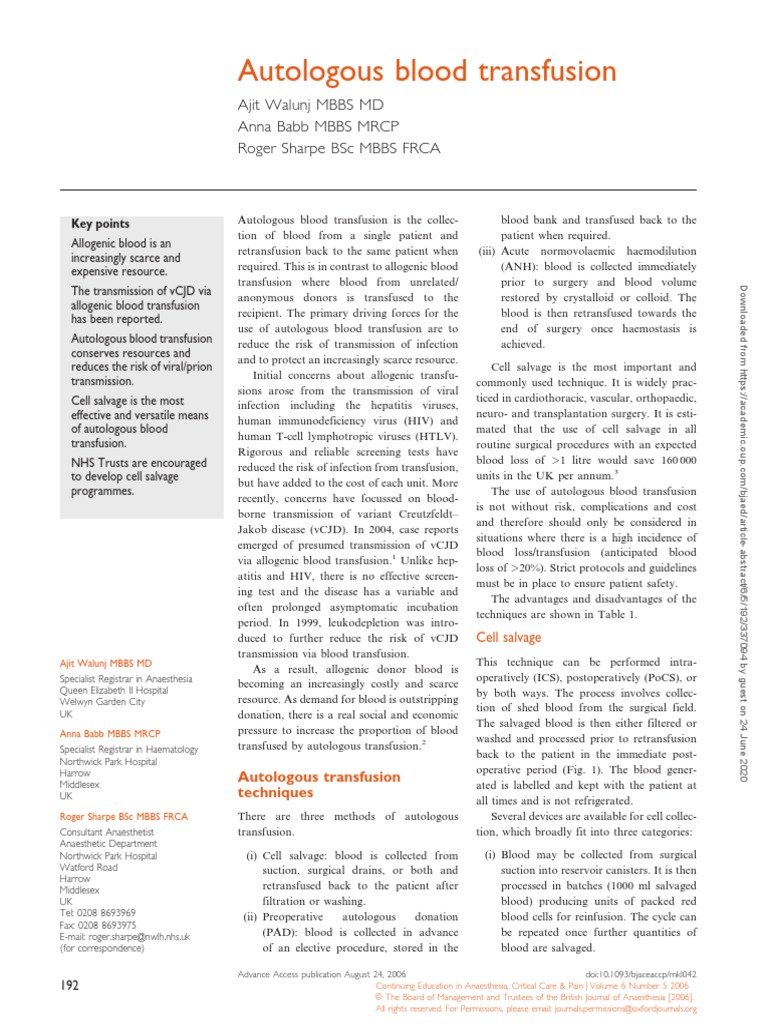 Autologous Article | PDF | Blood Transfusion | Blood Donation