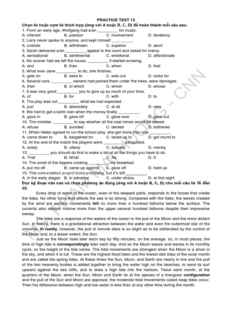 Practice Test 13 Ch ọn từ hoặc cụm từ thích hợp (ứng với A hoặc B, C, D ...