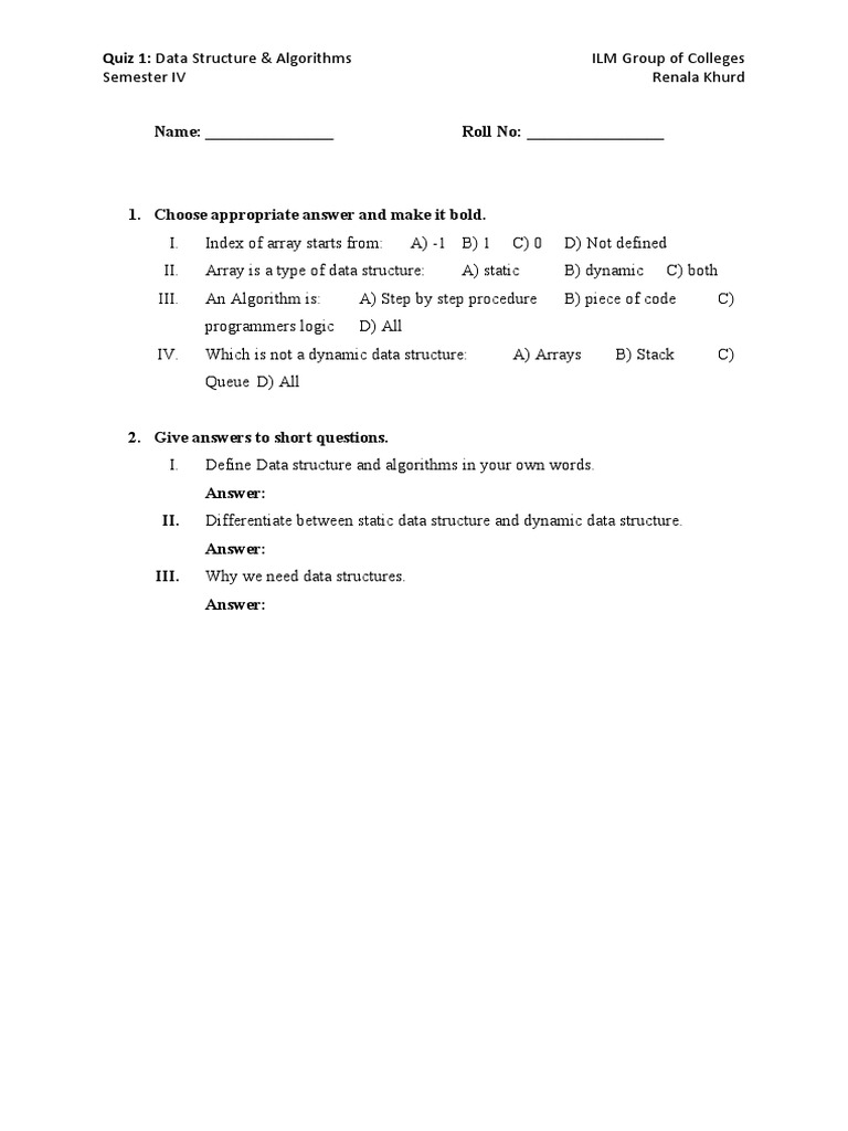 Quiz 1: Data Structure & Algorithms | PDF