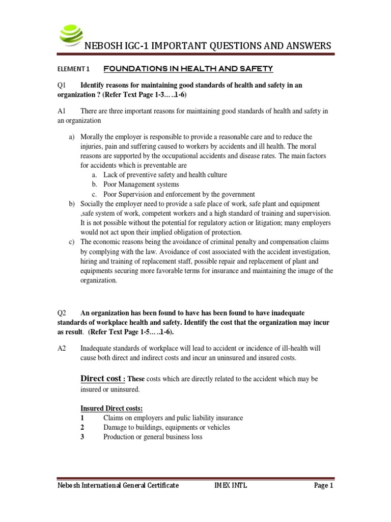 Nebosh Igc-1 Important Questions and Answers: Foundations in Health and Safety | PDF ...