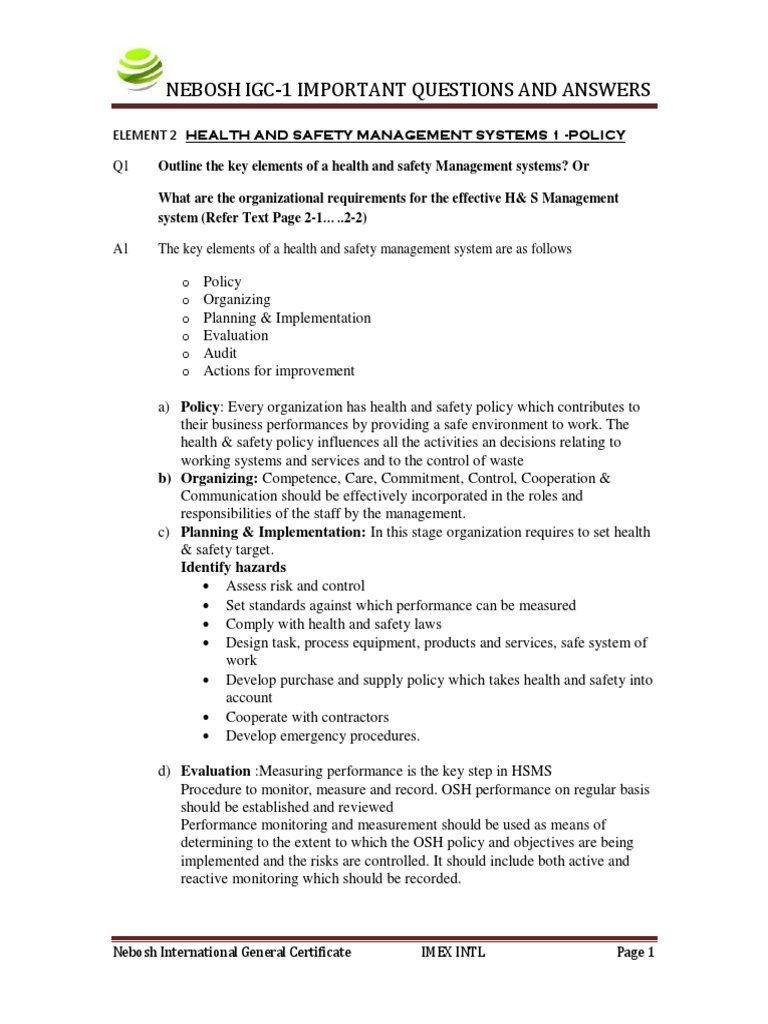 Nebosh Igc-1 Important Questions and Answers: Element 2 Health and Safety Management Systems 1 ...