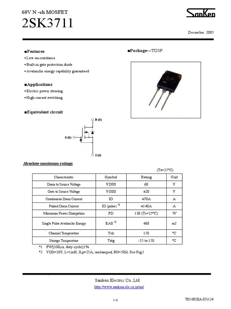 60V N - CH Mosfet: Features Package-TO3P | Download Free PDF | Field ...